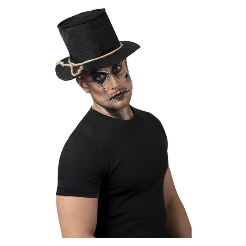 Burlap Scarecrow Top Hat Black with Rope Adult Horror Costume Accessor ...