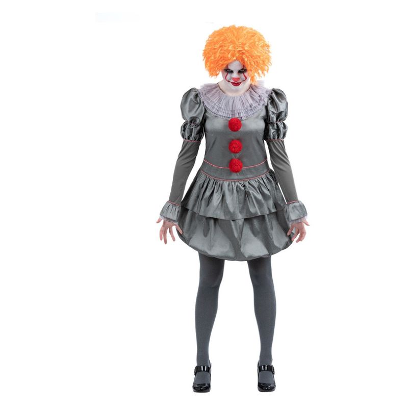Pennywise Costume IT Ladies Grey Dress with Neck Ruffle and Tights ...